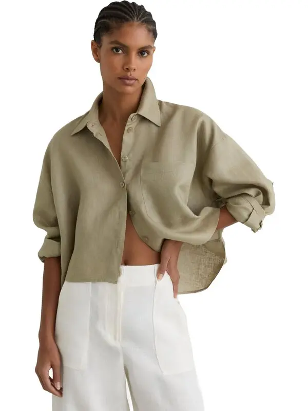 REISS Solena Linen Cropped Shirt - Green