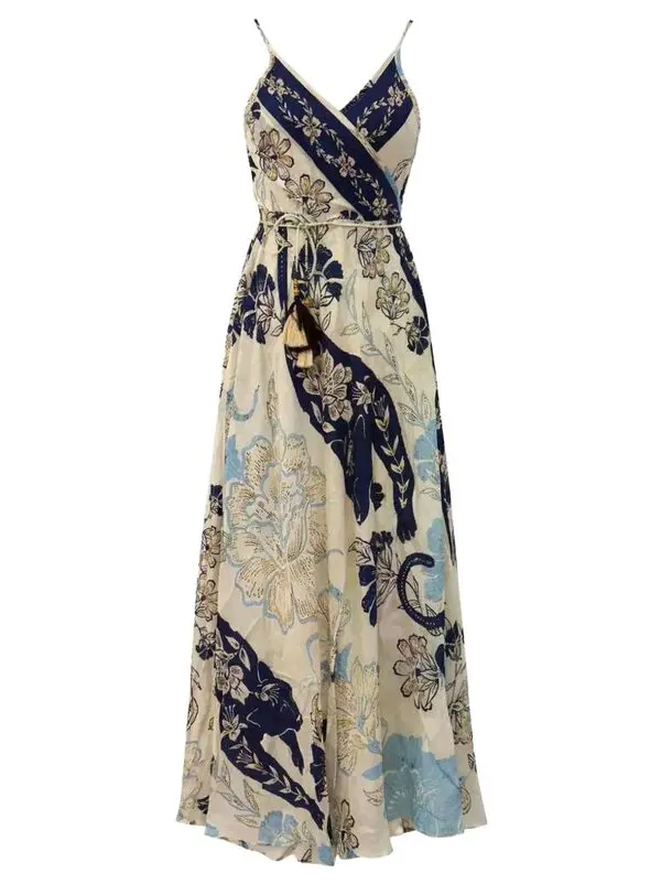 PAHIESA FORMENTERA Ecru Floral Print Sleeveless Maxi Wrap Dress - Neutrals