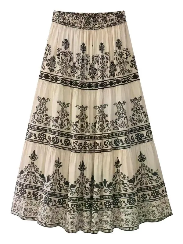 PAHIESA FORMENTERA Pleated Graphic Print Tiered Skirt - Neutrals