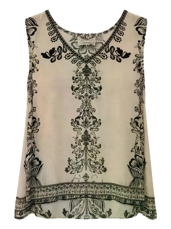 PAHIESA FORMENTERA Ecru Floral Print V-neck Sleeveless Top - Neutrals