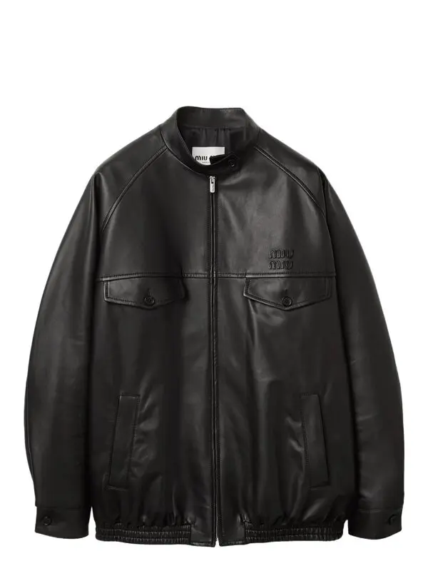 Miu Miu Nappa Leather Zip-up Jacket With Logo Detail - Black
