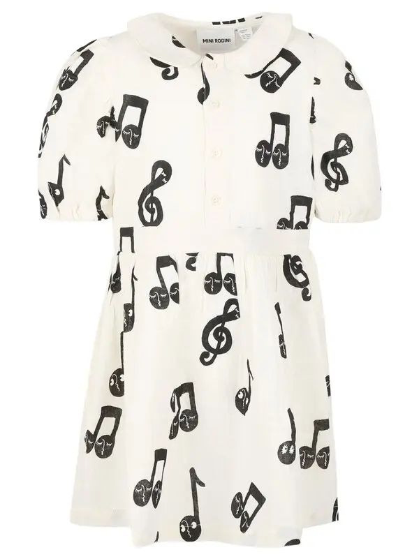 MINI RODINI Musical Notes Printed Muslin Dress - Ivory