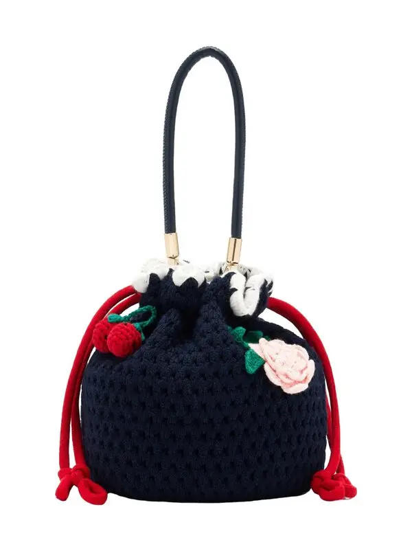 SELF-PORTRAIT Knitted Drawstring Bag With Floral Appliqu - Black