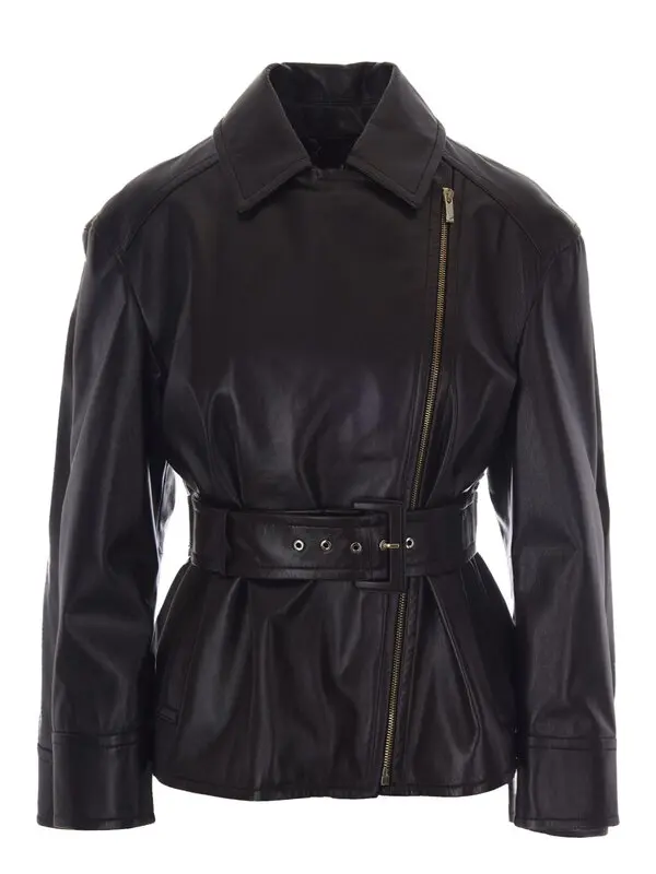 Max Mara Leather Belted Jacket - Black