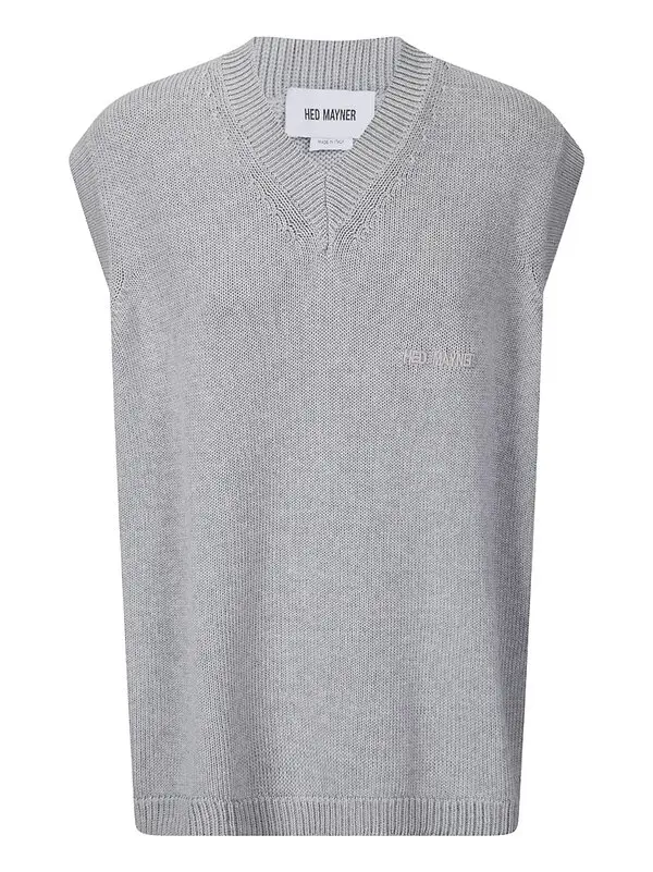 HED MAYNER V-neck Knitted Sleeveless Top With Embroidered Logo - Gray