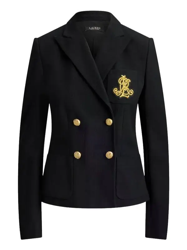 Ralph Lauren Double-breasted Piqué Blazer With Embroidered Logo - Black