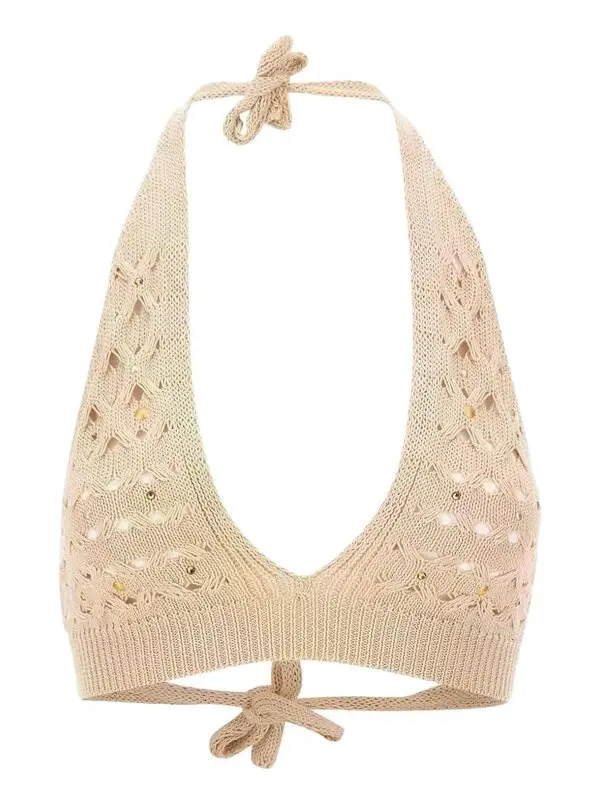 KANGRA Open-knit Stud-embellished Halterneck Top - Neutrals