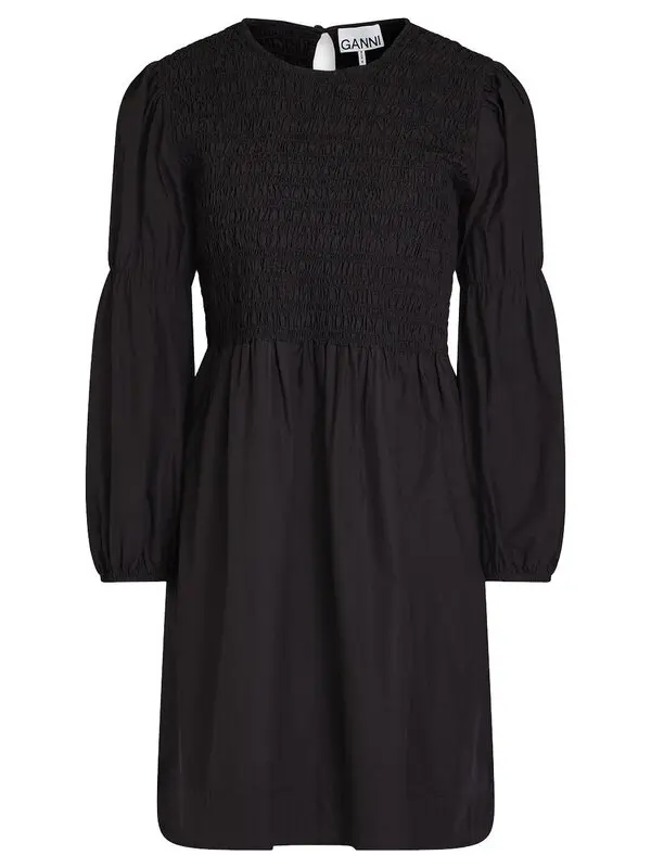 GANNI Shirred Cotton Poplin Mini Dress - Black