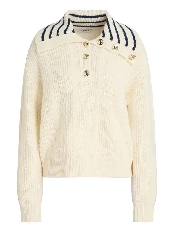 Sandro Striped Cable-knit Wool-blend Polo Sweater - Ecru