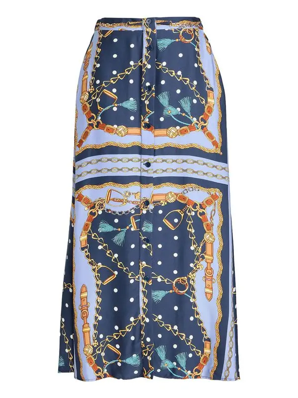 Maje Printed Crepe Midi Skirt With Chain Embellishment - Navy