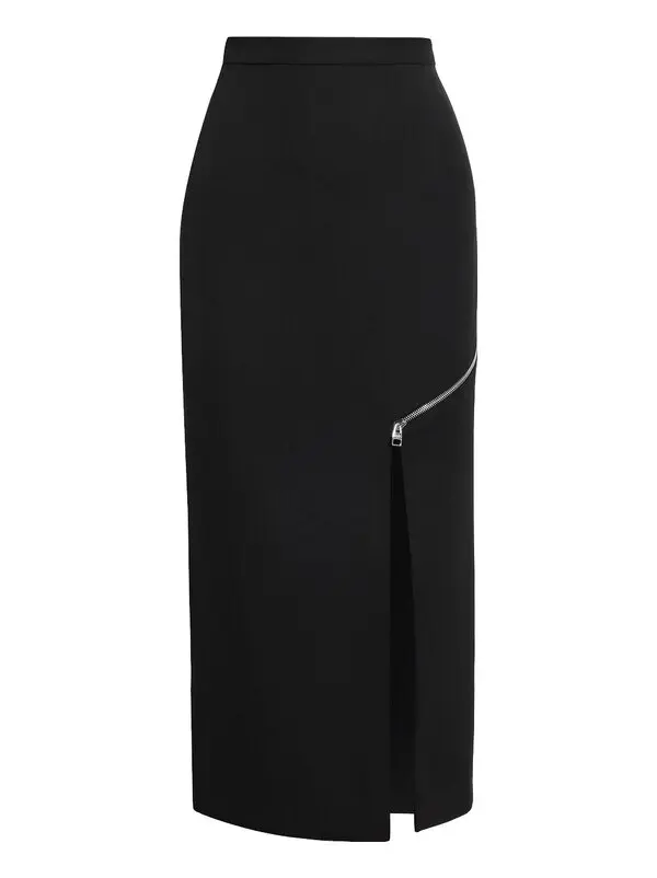 Alexander McQueen Zip Detailed Grain De Poudre Wool Midi Skirt - Black