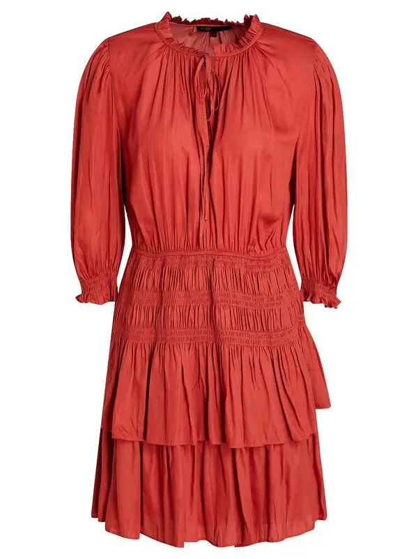 Maje Tiered Mousseline Mini Dress With Keyhole Neckline - Brick