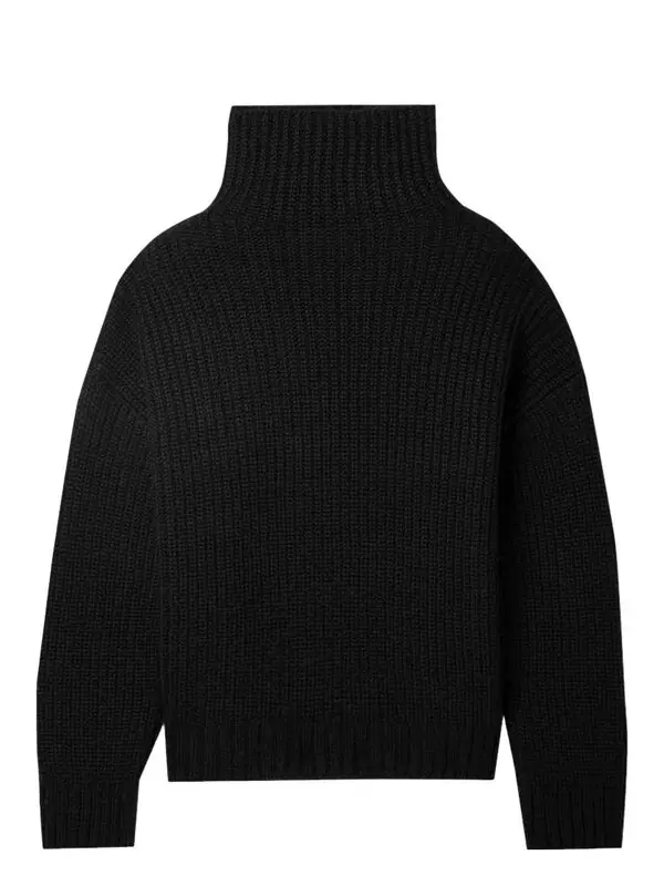 ANINE BING Sydney Oversized Ribbed Knit Turtleneck Sweater - Black