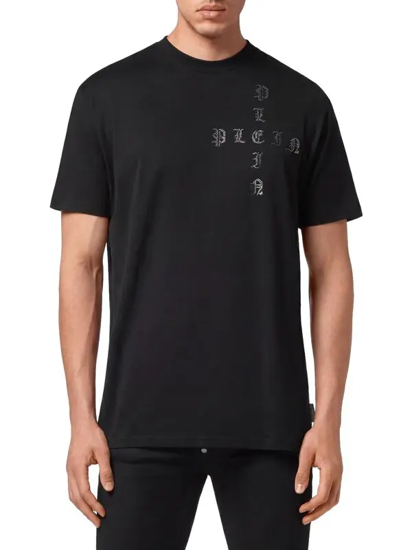 Philipp Plein Cotton Crewneck T-shirt With Rhinestone Logo Lettering - Black