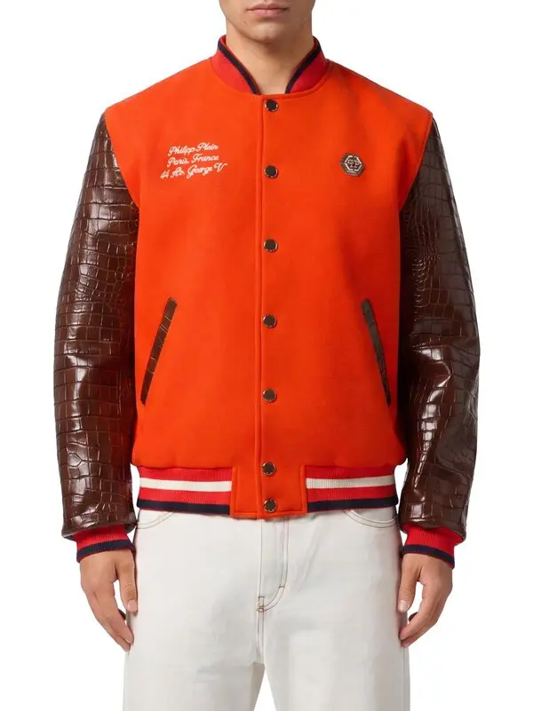 Philipp Plein Two-tone Crocodile-effect Calfskin Leather Varsity Bomber Jacket - Orange