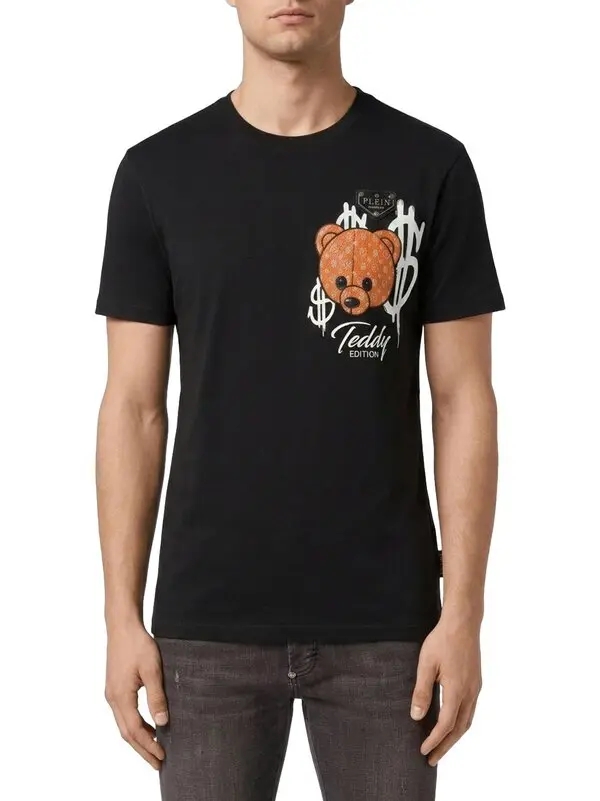 Philipp Plein Teddy Bear Print Cotton T-shirt With Contrast Logo - Black