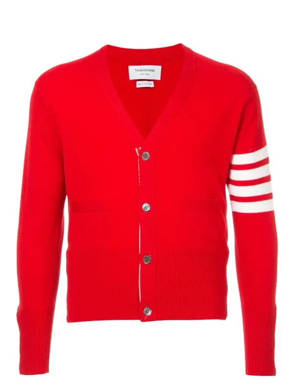 Thom Browne V-neck Long Sleeve Cardigan With Signature Stripes - Red
