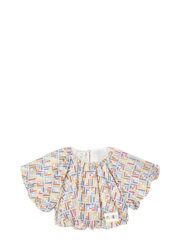 Fendi Muslin Crop Top With All-over Ff Logo And Puff Sleeves - Multicolour
