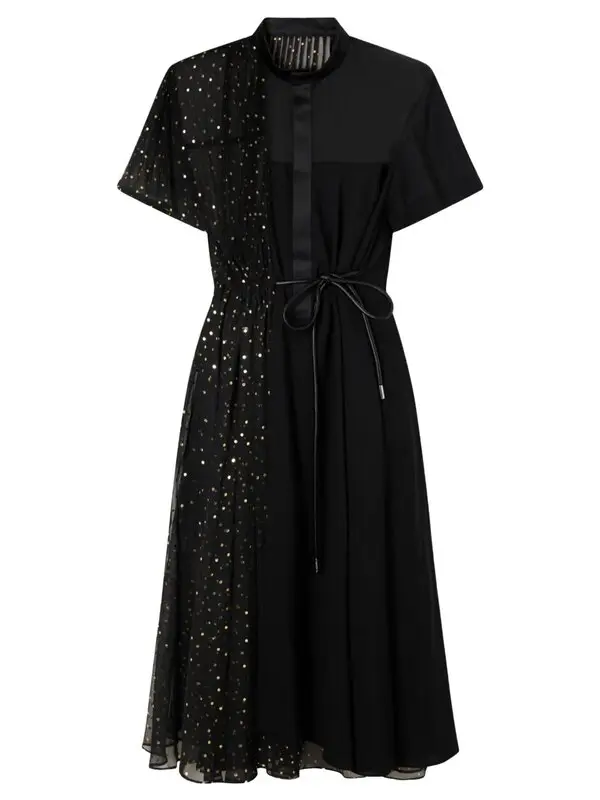 Sacai Belted Polka-dot Chiffon And Satin Midi Dress - Black