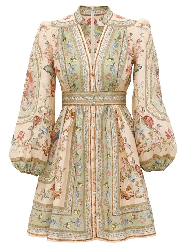 Zimmermann Mini V-neck Dress With Stand Collar And Stone Buttons - Multicolor