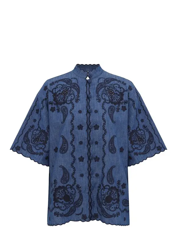 Zimmermann Scalloped Toggle Button Shirt With Embroidery - Blu