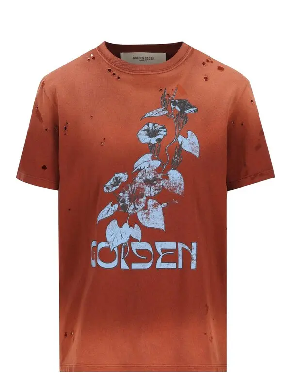 GOLDEN GOOSE Distressed Cotton T-shirt With Floral Print - Red