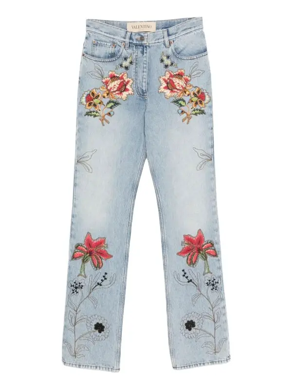 Valentino Garavani Floral Embroidered Straight Leg Jeans - Denim Blue