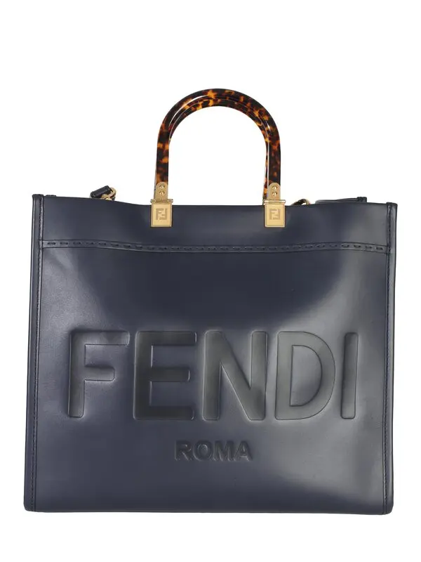 Fendi Navy Vitello King Embossed Sunshine Shopper Tote - Blue
