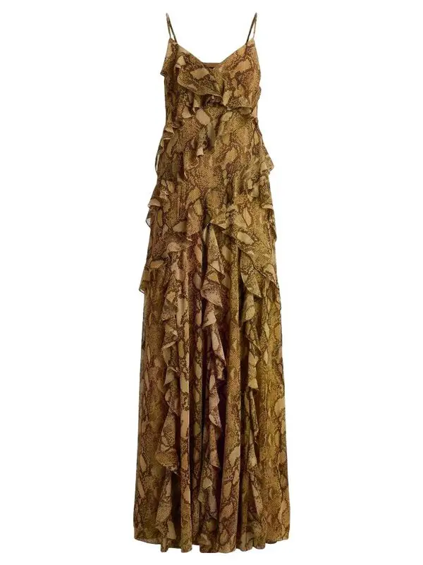 Ralph Lauren Python Print Ruffled Maxi Dress - Brown