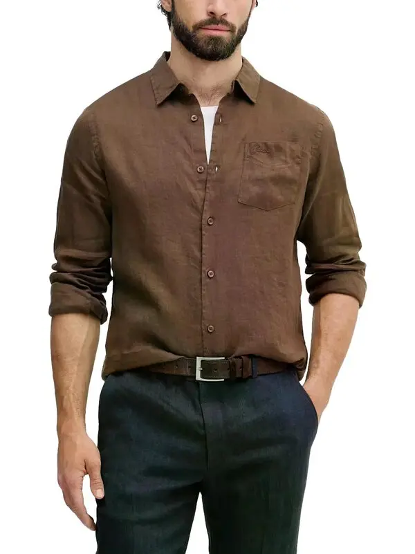 Guess Logo-embroidered Chest-pocket Shirt - Brown