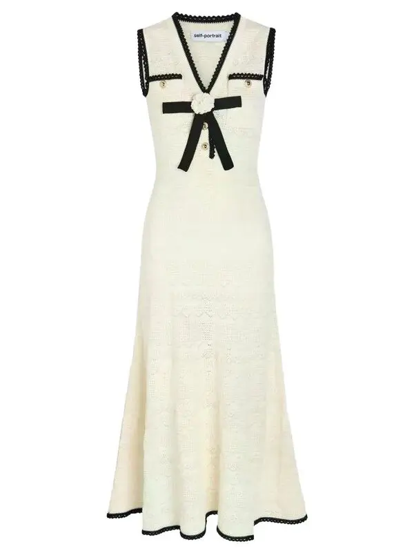 SELF-PORTRAIT Pointelle-knit Midi Dress With Floral Appliqué And Contrast Trim - White