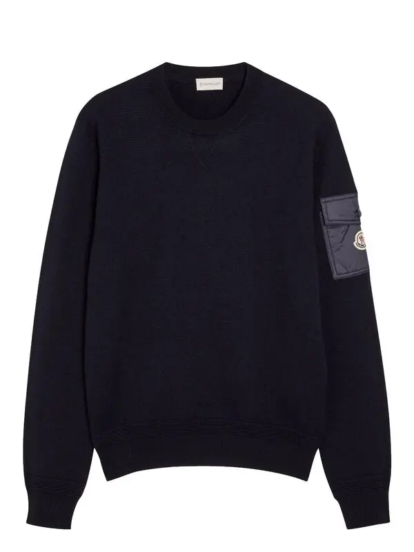 Moncler Crew Neck Wool Jumper With Contrasting Sleeve Pocket - Blue