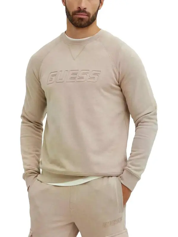 Guess Aldwin Embossed Logo Raglan Crewneck Sweater - Neutrals
