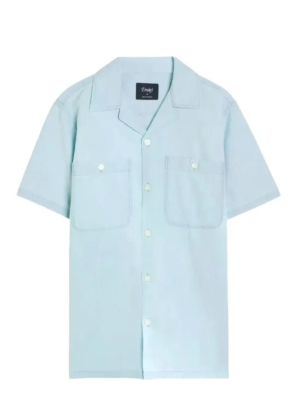 DRAKE'S Short-sleeve Camp-collar Cotton Shirt - Blue