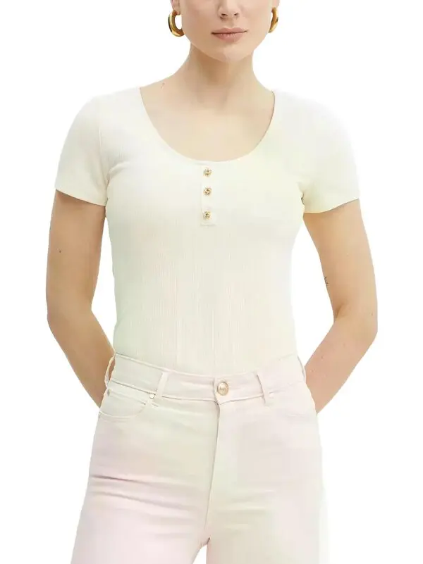 Guess Karina Ribbed T-shirt With Decorative Buttons - Neutrals