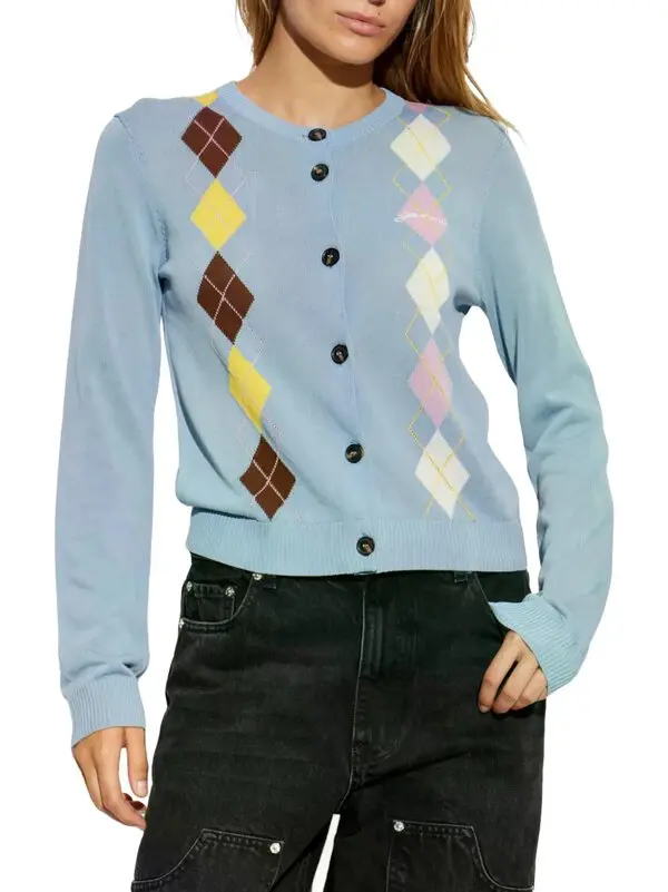 GANNI Argyle Pattern Cotton Cardigan - Blue