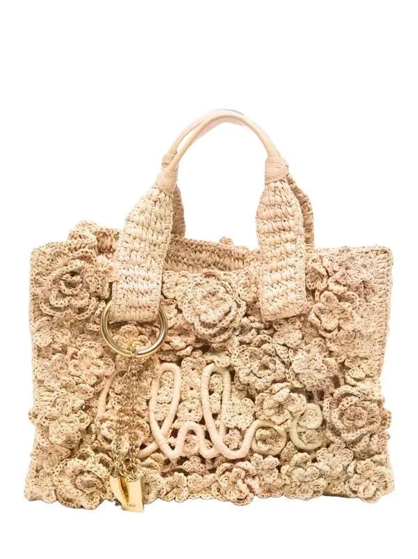 Chloé Raffia Floral Crochet Tote Bag - Neutrals