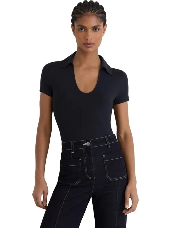 REISS Daria Scoop Neck Jersey Polo Top - Navy