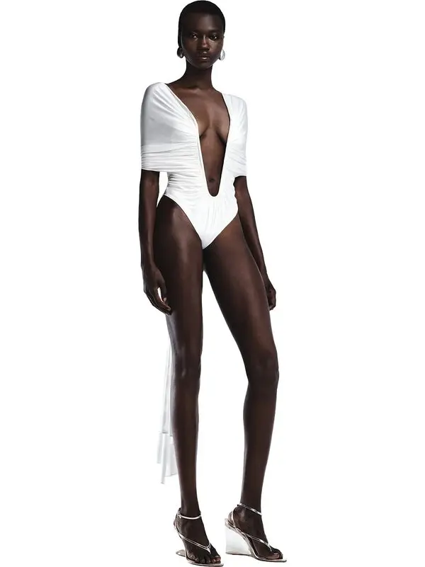 Revolve Draped Sleeve Bodysuit With Plunge Neckline - Ivory