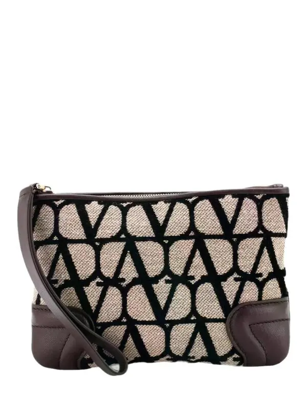 Valentino Garavani Wristlet Pouch Iconographe Canvas And Leather Clutch Bag - Brown