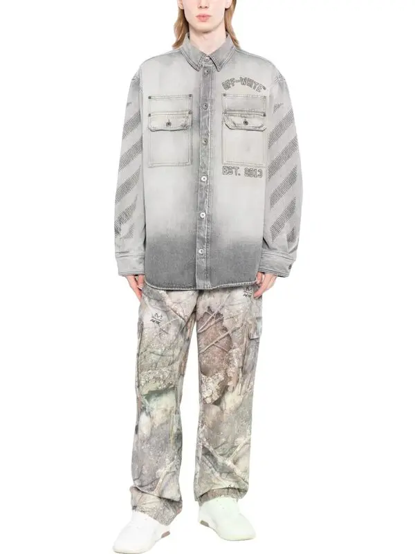 Off-White Embroidered Diagonals Print Denim Military Jacket - Grey