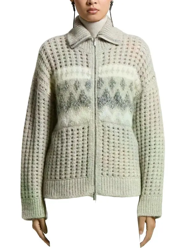 Peserico Sequin-embellished Jacquard-knit Zip-up Cardigan - Neutrals