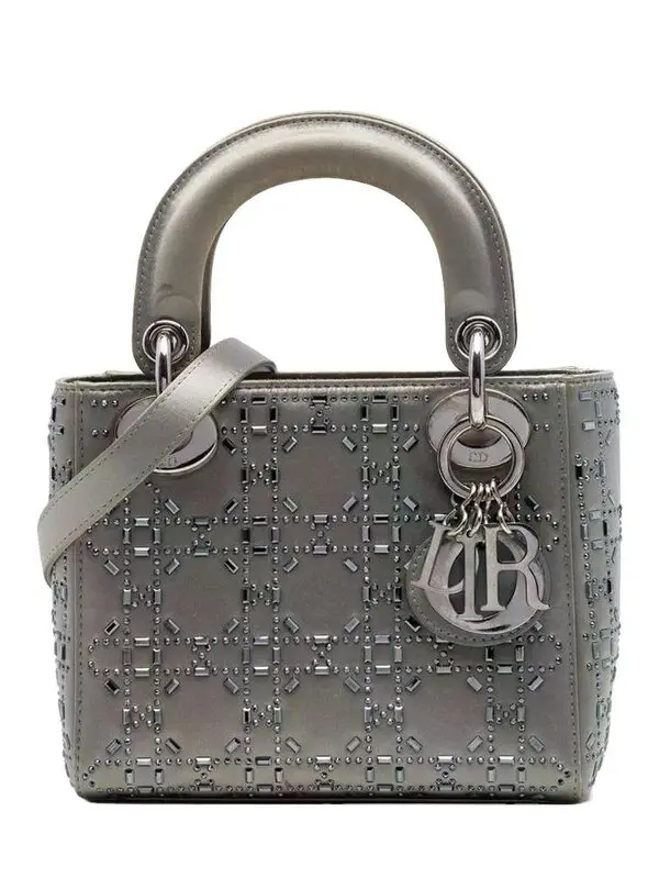 Dior Mini Lady Satchel In Satin With Crystal Embellishments - Grey