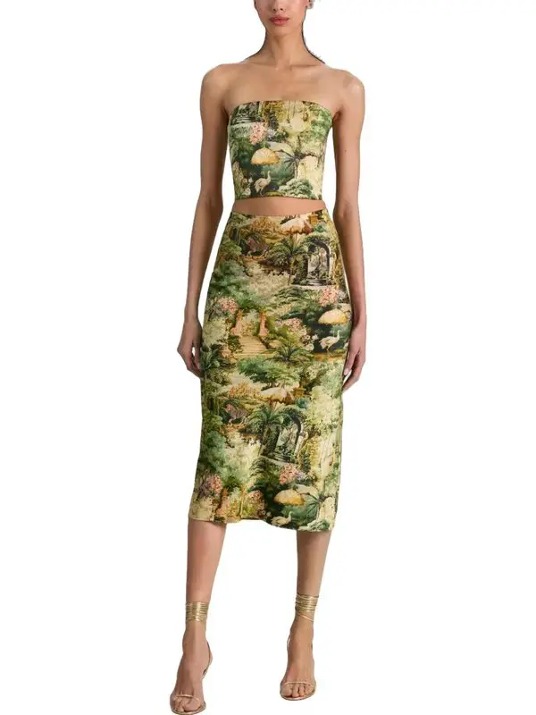 Alice + Olivia Maeve Midi Skirt With Landscape Print And Side Slit - Green