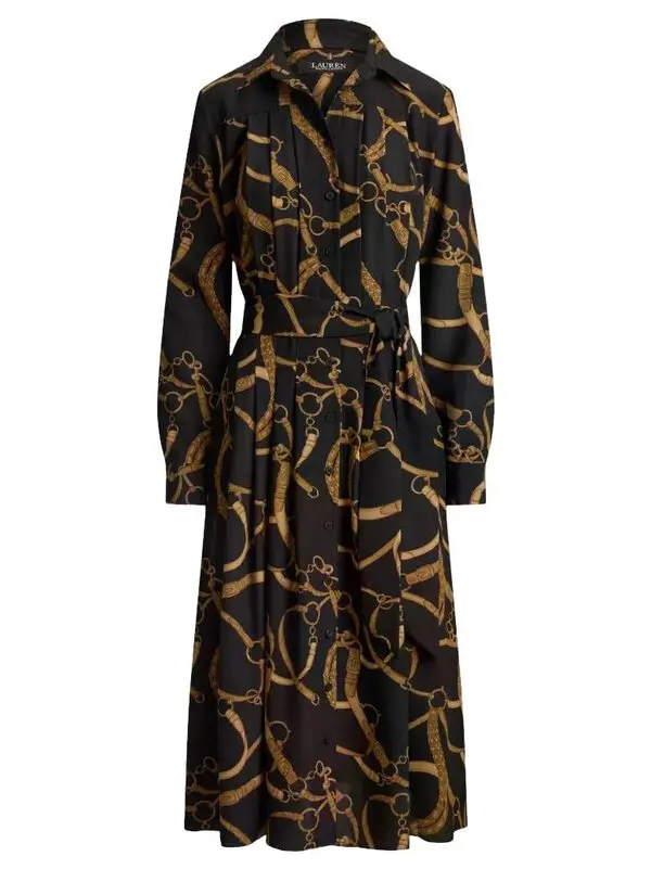 Ralph Lauren Belting Print Pleated Shirt Midi Dress - Black