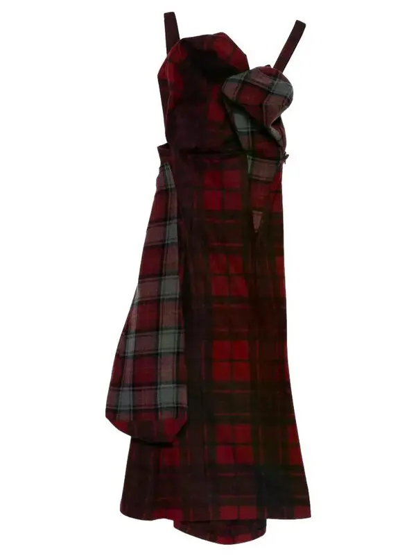 Yohji Yamamoto Check Pattern Draped Midi Dress - Red