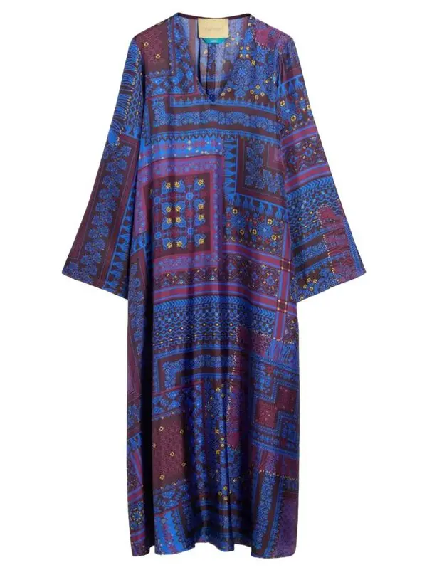 Momoni Printed Silk Midi Dress With V-neck And Flared Sleeves - Blue