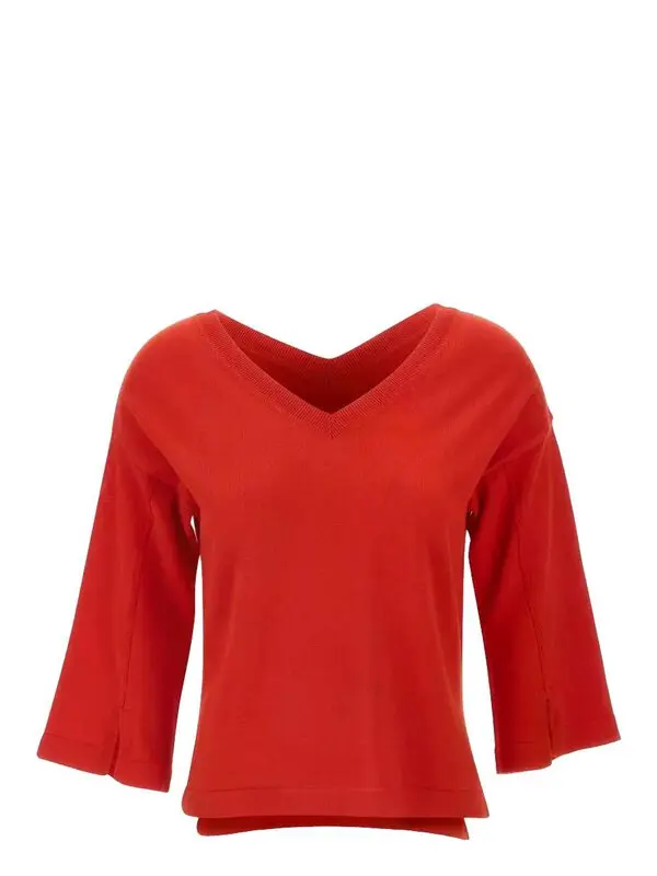 KANGRA V-neck Three-quarter Sleeve Sweater With Side Slits - Red