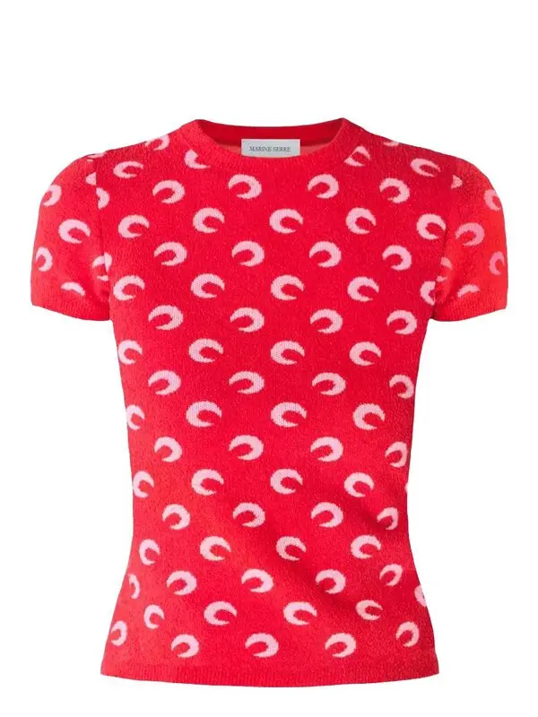 MARINE SERRE Moon Jacquard Bouclette Crewneck T-shirt In Organic Cotton - Red