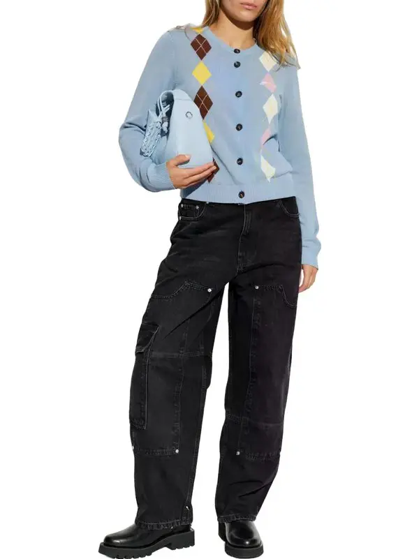 GANNI Argyle Pattern Cotton Cardigan - Blue